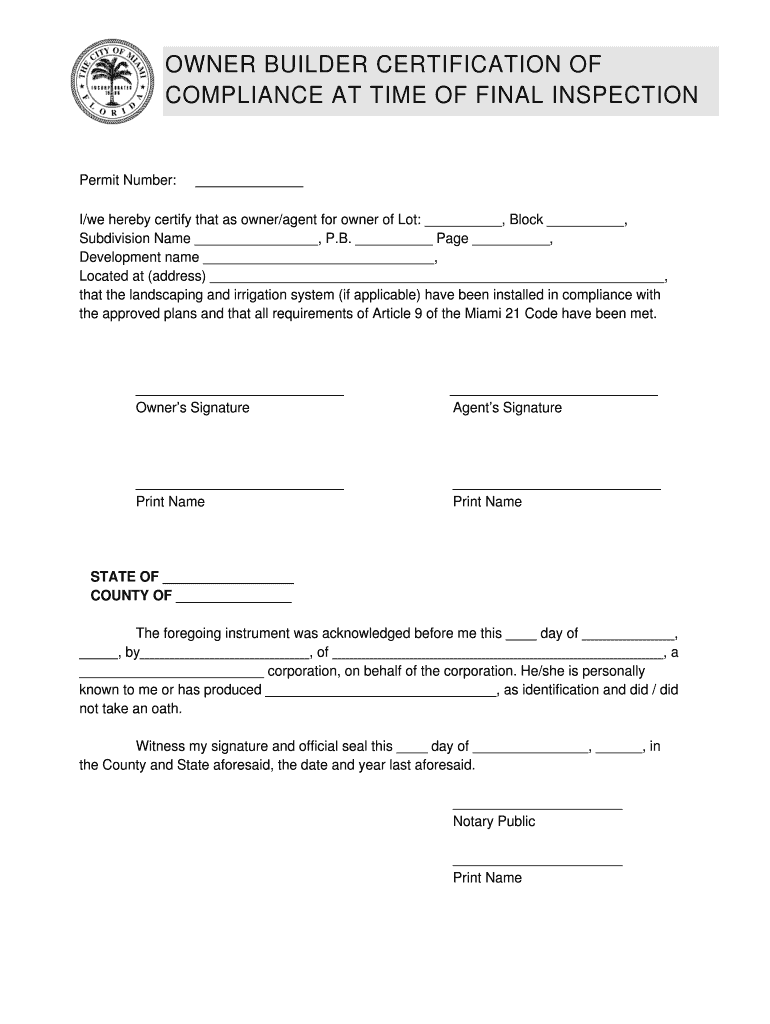 Fillable Online Owner Builder Certification of Compliance at Time of ...