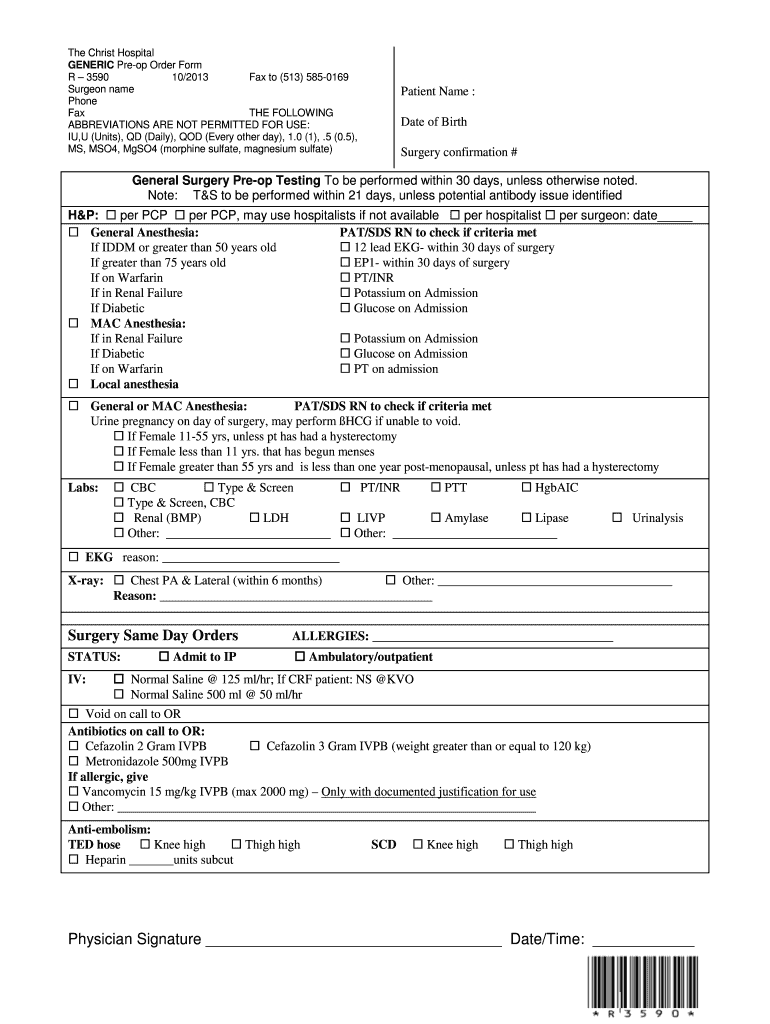 Fillable Online GENERIC Pre-op Order Form Fax Email Print - pdfFiller