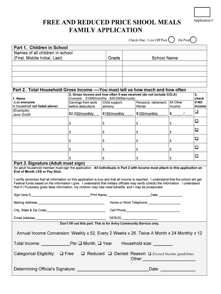 Fillable Online Application for Free and Reduced Price School Meals Fax ...