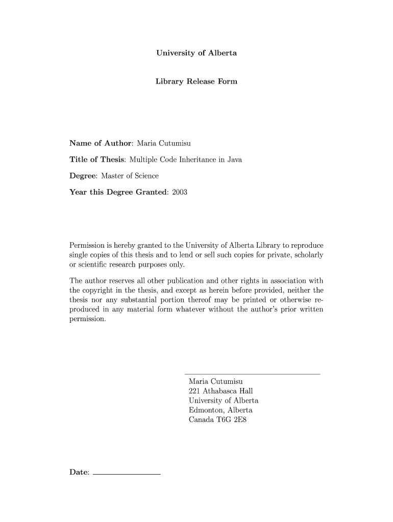 Fillable Online University of Alberta Library Release Form Fax Email Print - pdfFiller
