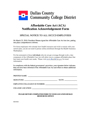 Fillable Online dcccd Affordable Care Act (ACA) Notification ...