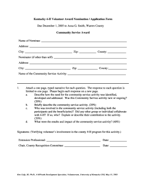 Fillable Online ca uky Kentucky 4-H Volunteer Award Nomination / Application Form Due ... Fax ...