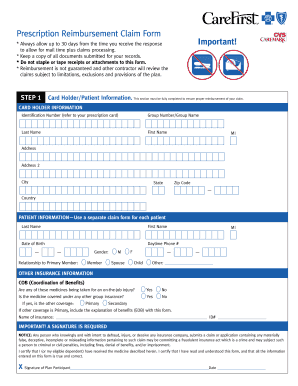 Fillable Online Prescription Reimbursement Claim Form Important ...