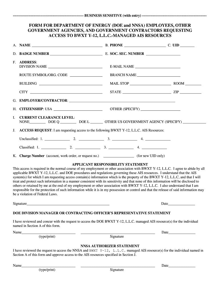 Fillable Online Access Request Form for BWXT Y-12, L.L.C. AIS Resources ...