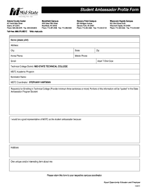 Fillable Online mstc Student Ambassador Profile Form - Mid-State ...