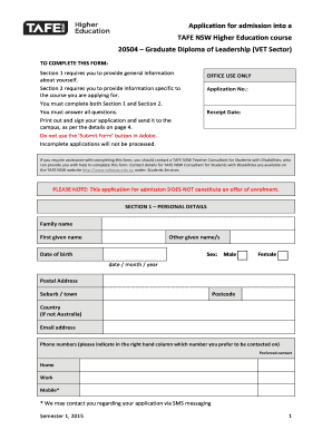 Fillable Online highered tafensw edu Application for admission into a ...