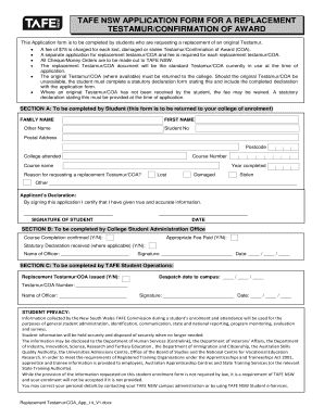 Fillable Online tafensw edu TAFE NSW APPLICATION FORM FOR A REPLACEMENT ...