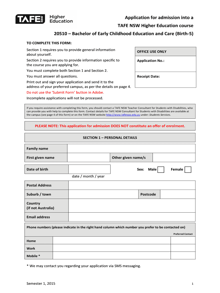 Fillable Online Application for admission into a TAFE NSW Higher ...
