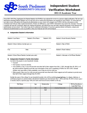 Fillable Online spcc Independent Student Verification Worksheet - South ...