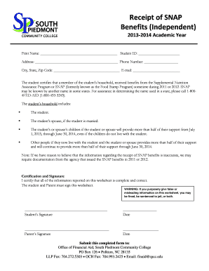 Fillable Online spcc SNAP Benefits Receipt Form - Independent Student ...