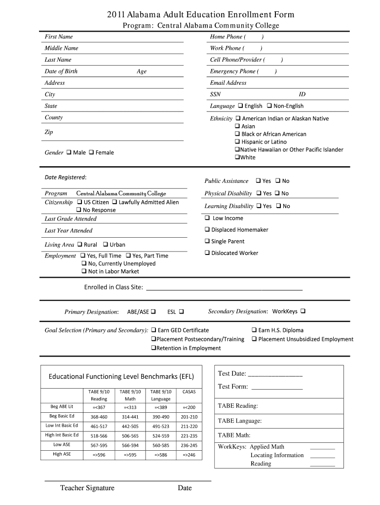 Fillable Online Alabama Adult Education Enrollment Fax Email Print - pdfFiller