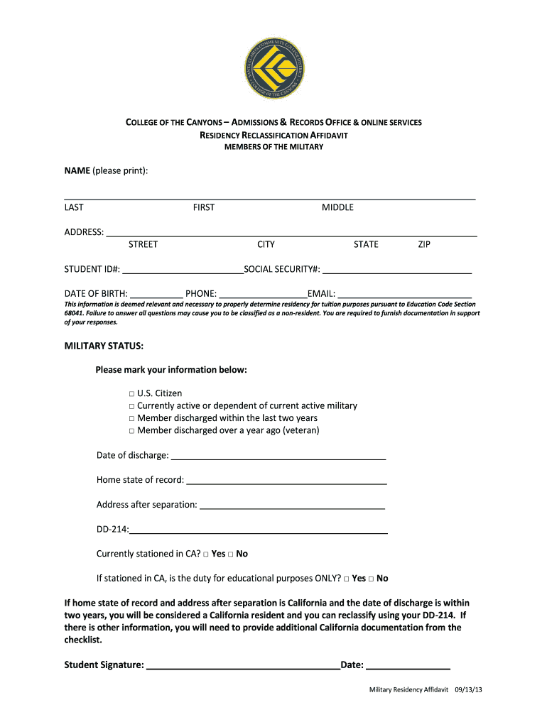 Fillable Online Residency Reclassification Affidavit for Members of the ...