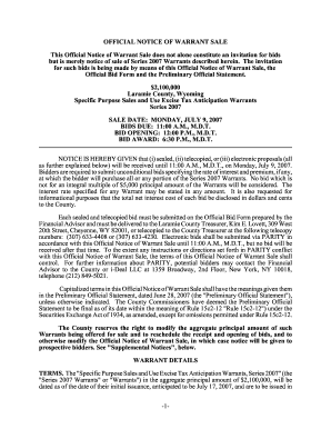 Fillable Online fpr -1- OFFICIAL NOTICE OF WARRANT SALE This Official ...