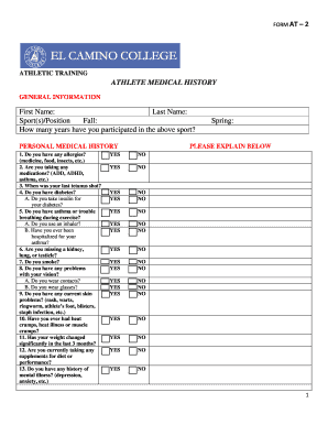 Fillable Online elcamino FORM AT 2 ATHLETE MEDICAL HISTORY First Name ...