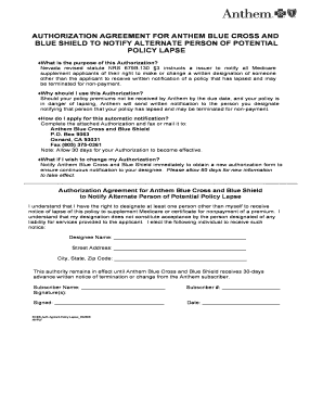 Fillable Online AUTHORIZATION AGREEMENT FOR ANTHEM BLUE CROSS AND BLUE ...