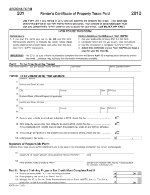 Fillable Online Arizona Form 201. Renter s Certificate of Property ...