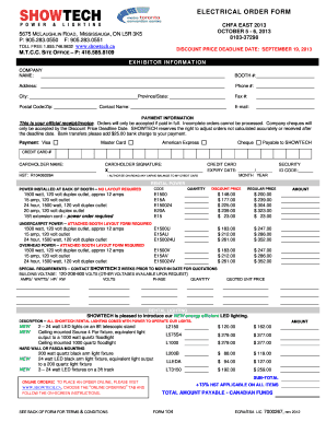 Fillable Online ELECTRICAL ORDER FORM CHFA EAST 2013 OCTOBER 5 - 6 ...