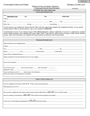 Fillable Online atg wa CONSUMER COMPLAINT FORM GENERAL ... - Attorney ...