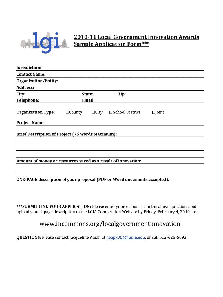Fillable Online Local Government Innovation Awards Application Form Fax ...