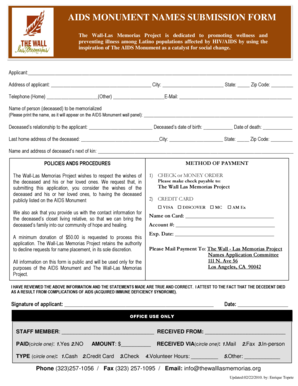 Fillable Online AIDS MONUMENT NAMES SUBMISSION FORM Fax Email Print ...