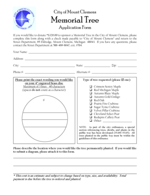 Fillable Online Memorial Tree Form - Mount Clemens, Michigan Fax Email Print - pdfFiller