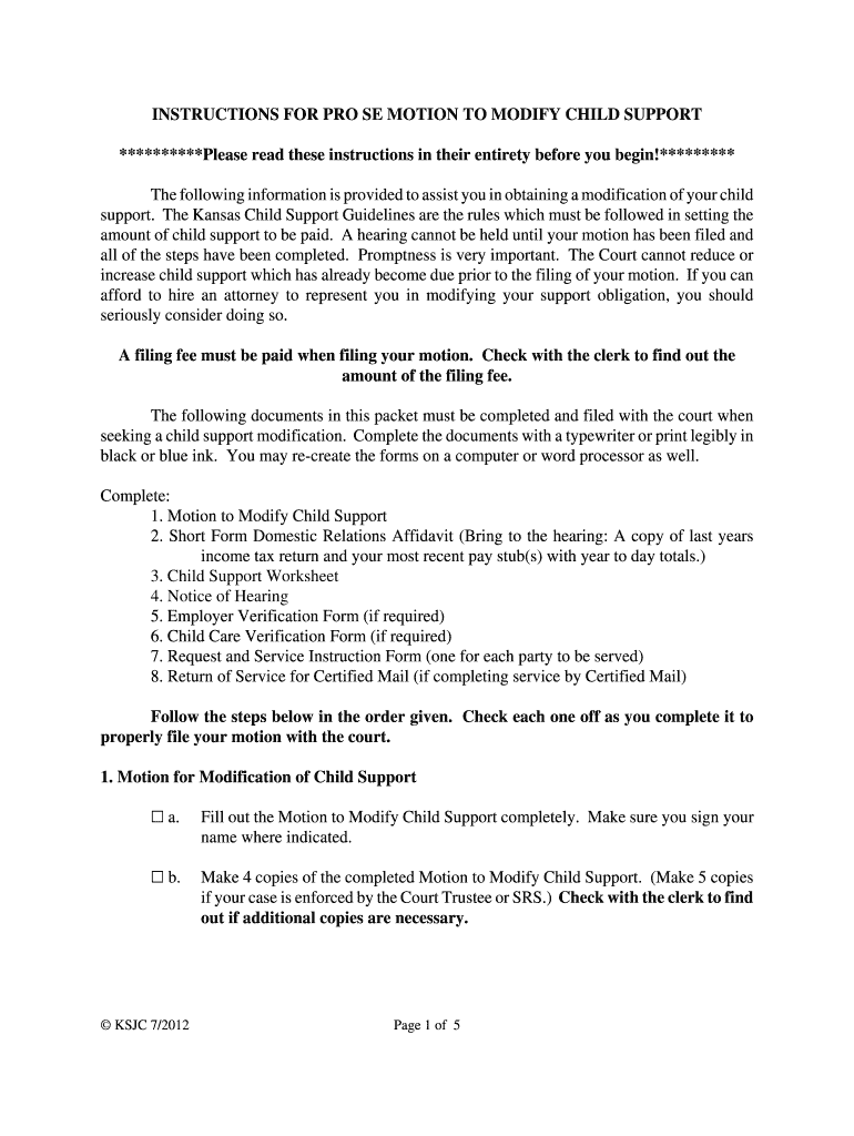 Fillable Online Instructions for Pro Se Motion to Modify Child Support Fax Email Print - pdfFiller