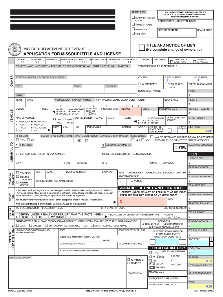 DOR 108 Application For Missouri Title And Fill Any PDF Form Fill Out Sign Online DocHub