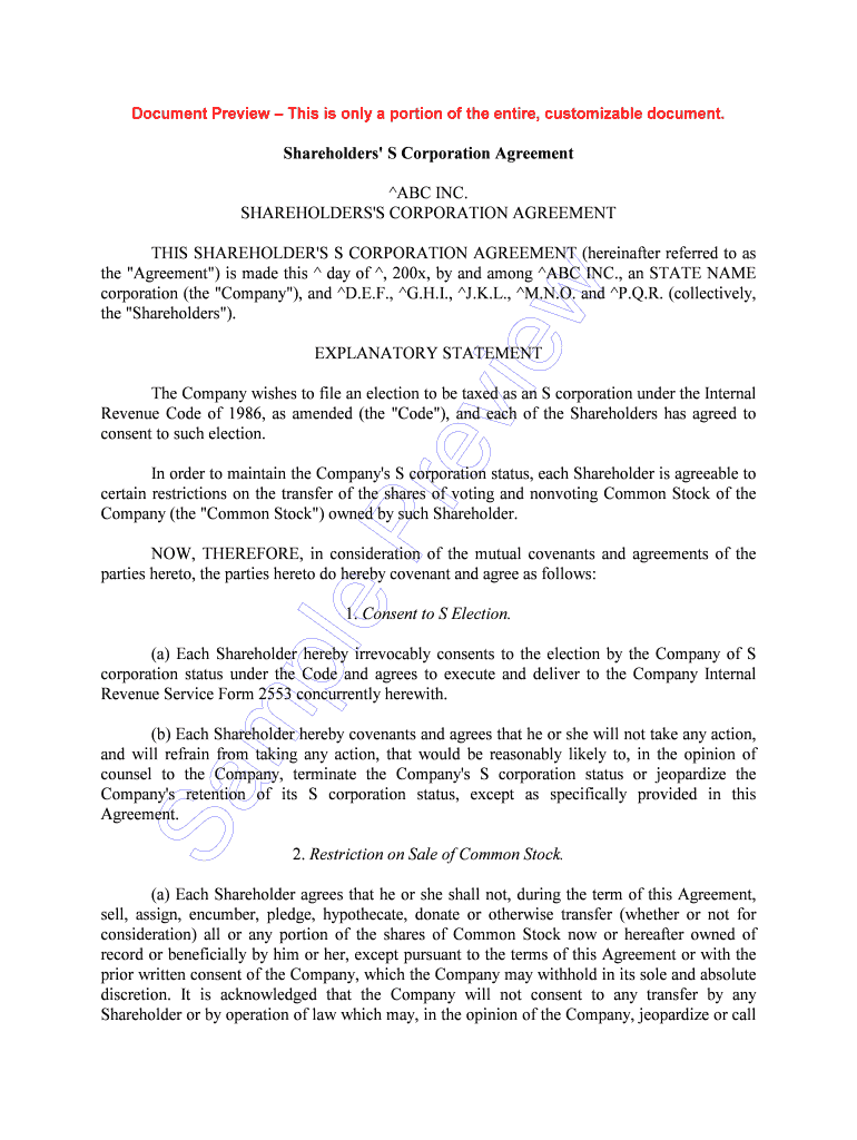Fillable Online Shareholders' S Corporation Agreement Fax Email Print - pdfFiller