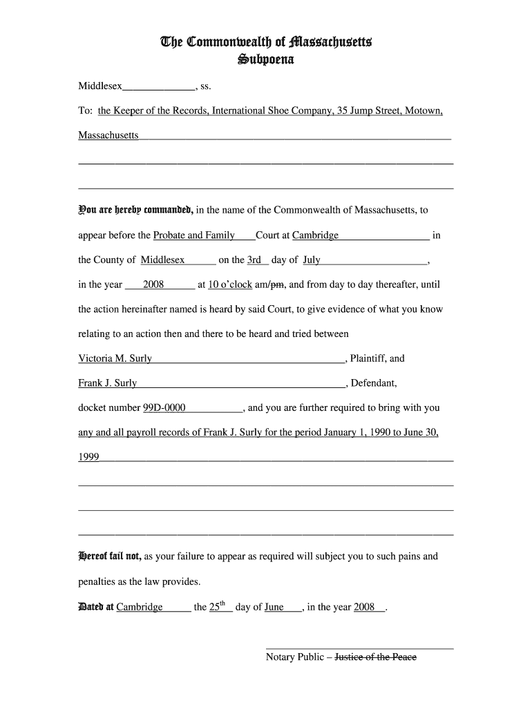 Sample Subpoena Form - MassLegalHelp - Masslegalhelp - Fill and Sign ...