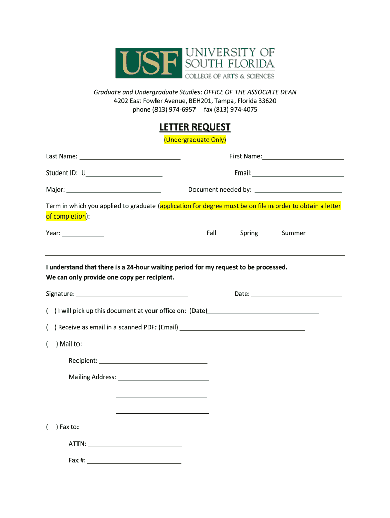 Fillable Online Letter Request for Undergraduate Students Fax Email ...