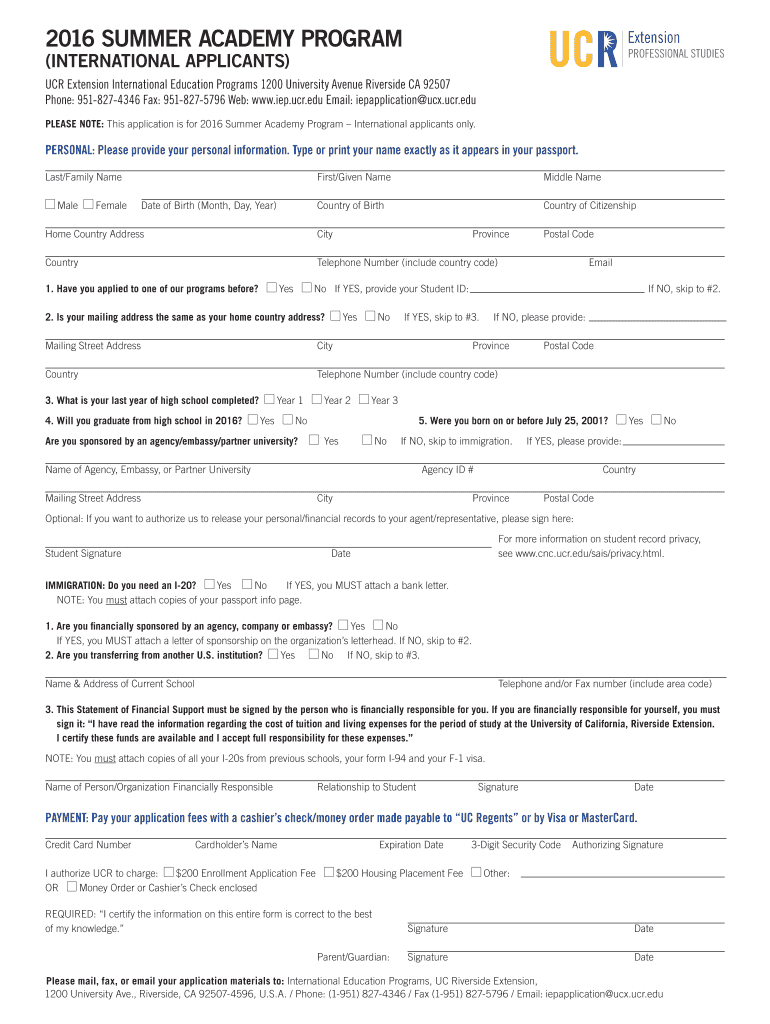 Fillable Online iep ucr 2016 - UCR International Education Programs - University of bb Fax Email ...