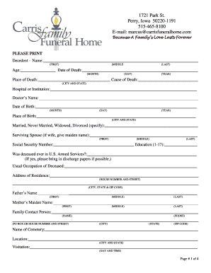 Fillable Online Service Obituary Planning Form.pdf - Carris Family ...