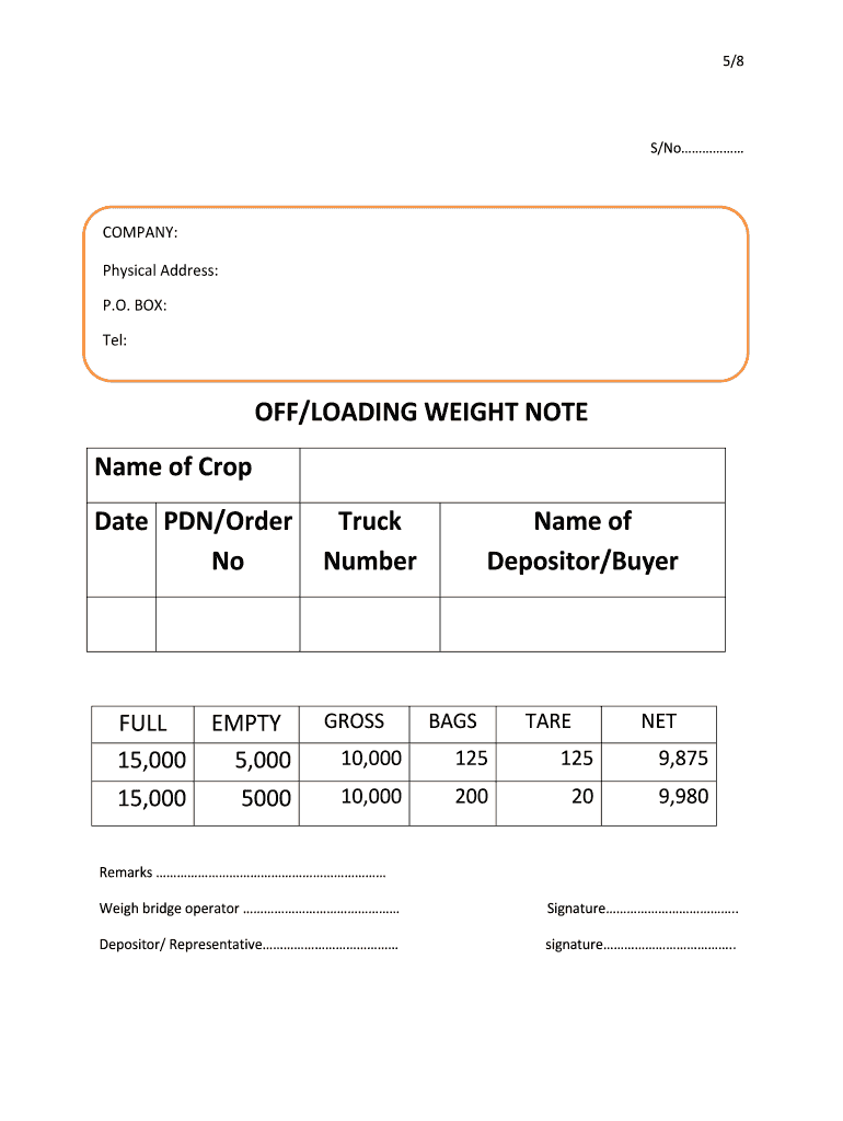 Fillable Online OFF/LOADING WEIGHT NOTE Fax Email Print - pdfFiller