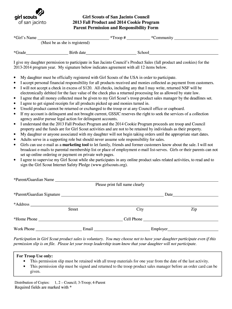 Fillable Online Product sales permission slip - Brazos Valley Girl Scouts Fax Email Print ...