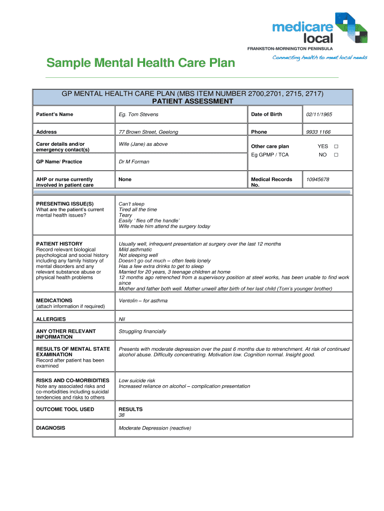 Fillable Online Sample Mental Health Care Plan Fax Email Print - pdfFiller