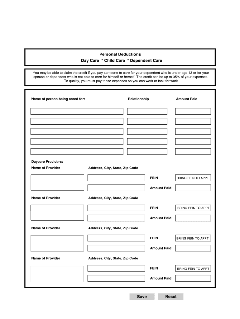 Fillable Online Personal Deductions Day Care Child Care Dependent Care Fax Email Print - pdfFiller