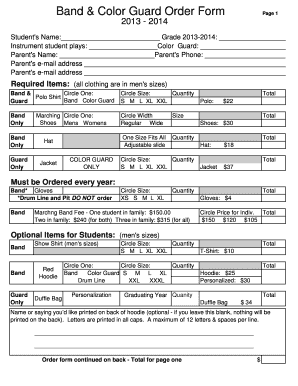 Fillable Online Band amp Color Guard Order Form Page 1 2013 - 2014 Fax ...