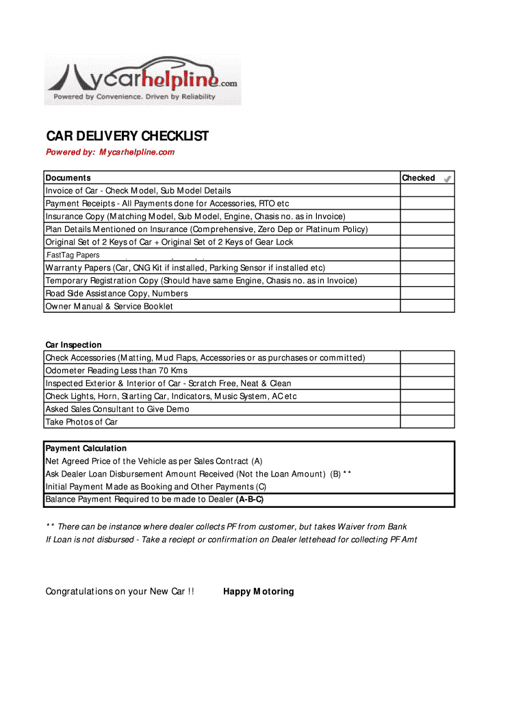 Vehicle Delivery Checklist - Fill Online, Printable, Fillable, Blank ...