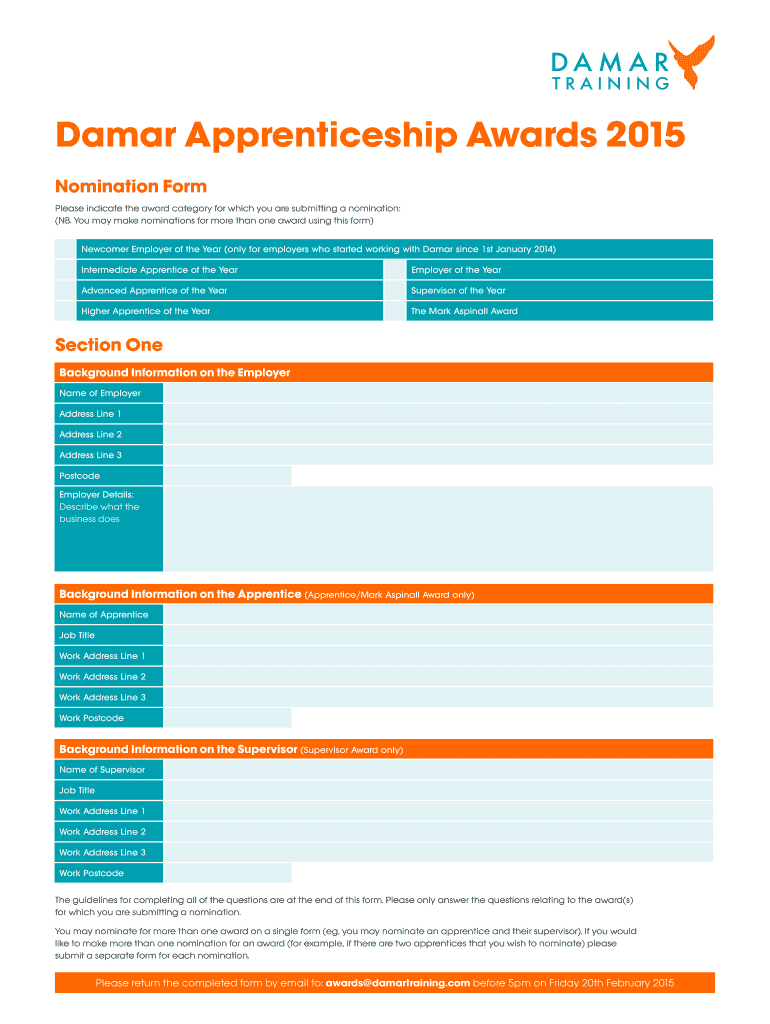 Fillable Online Damar Apprenticeship Awards 2015 - Damar Training Fax ...
