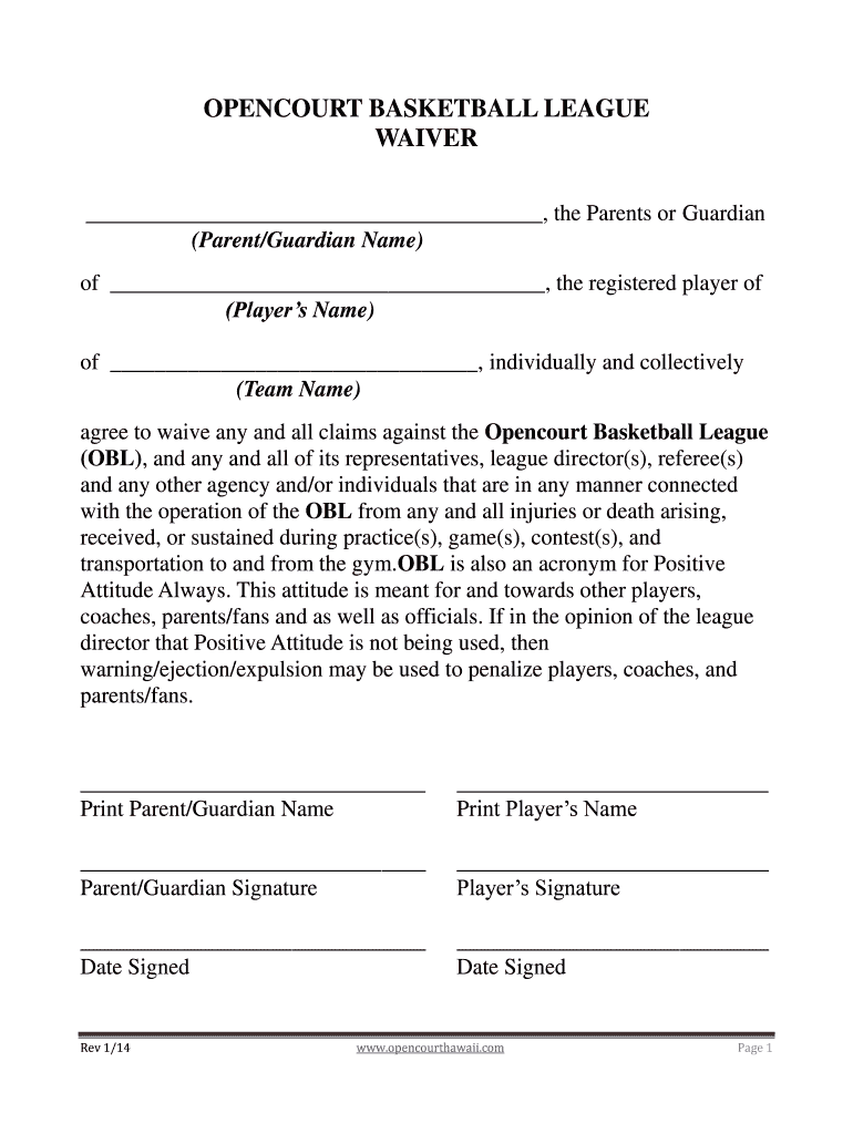 Fillable Online Opencourt Basketball League OBL Waiver Form Fax Email ...