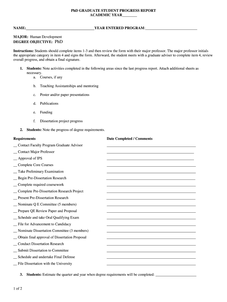 Fillable Online humandevelopment ucdavis PhD GRADUATE STUDENT PROGRESS REPORT ACADEMIC YEAR NAME ...