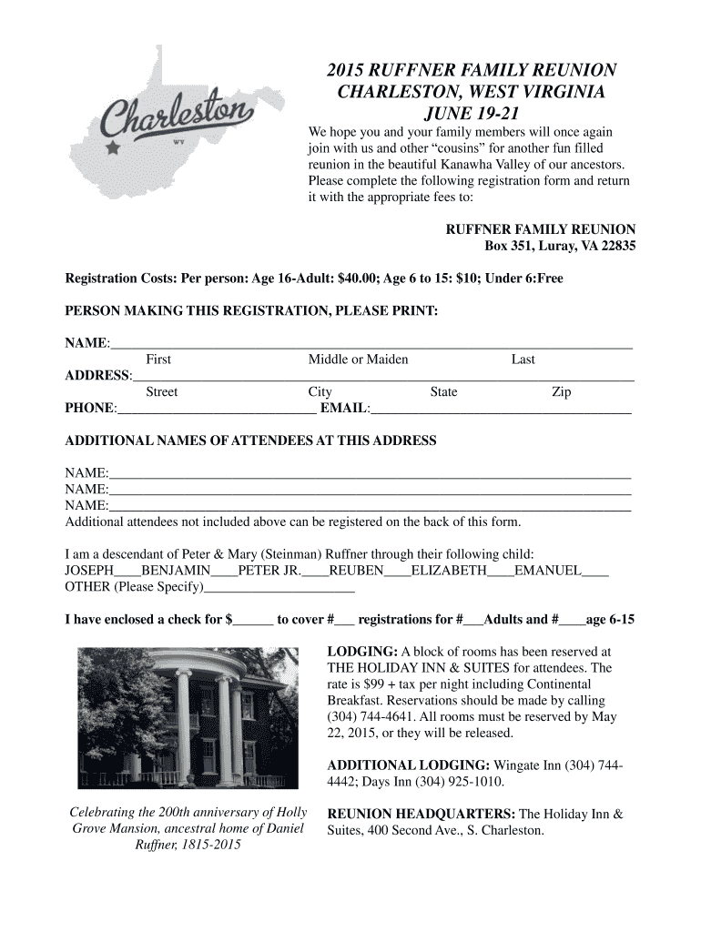 Fillable Online ruffnerfamily 2015 RUFFNER FAMILY REUNION CHARLESTON ...
