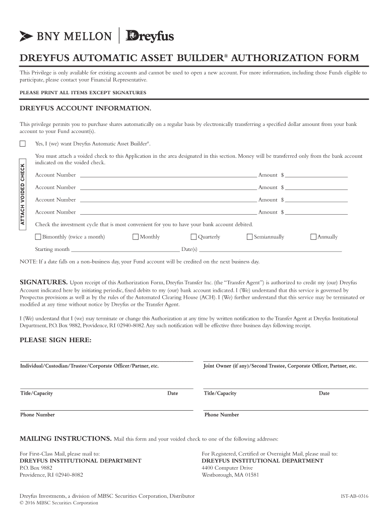 Fillable Online DREYFUS AUTOMATIC ASSET BUILDER AUTHORIZATION FORM Fax ...