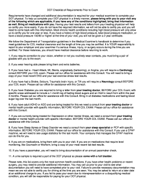 Fillable Online DOT Checklist of Requirements Prior to Exam Fax Email ...