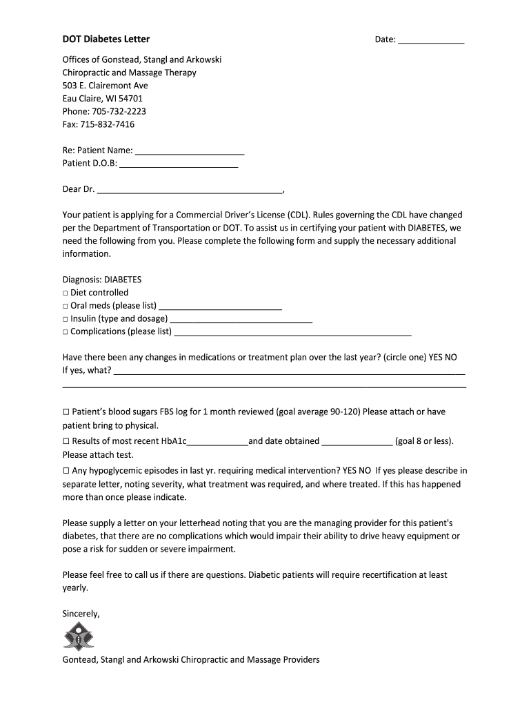 Fillable Online DOT Diabetes Letter - Gonstead, Stangl and Arkowski ...