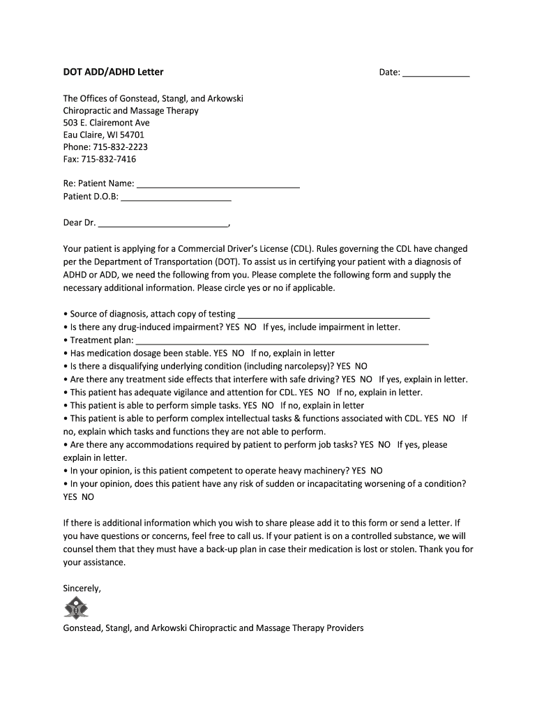 Fillable Online DOT ADD/ADHD Letter - Gonstead, Stangl and Arkowski ...