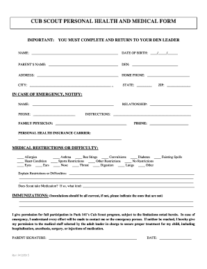 Fillable Online cspack141 Cub scout personal health and medical bformb ...