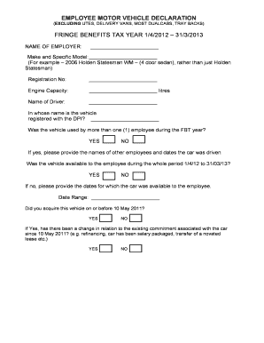 Fillable Online FBT Motor Vehicle Declaration 2013 - Pike Skinner Fax ...