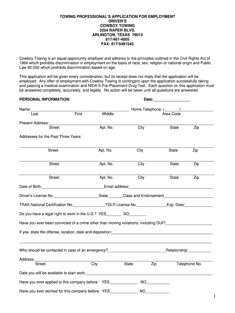Fillable Online BDrivers Applicationb - Cowboy Towing Fax Email Print ...