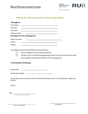 Fillable Online rz ruhr-uni-bochum Auftrag zur Teilnahme an der Origin Campuslizenz Fax Email ...